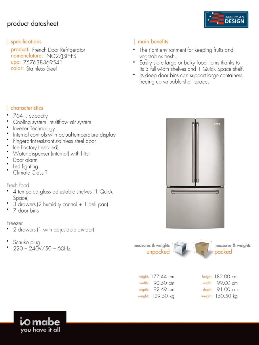 Mabe | INO27JSPFFS 27cuft Premium Inverter French Door Bottom Freezer ...